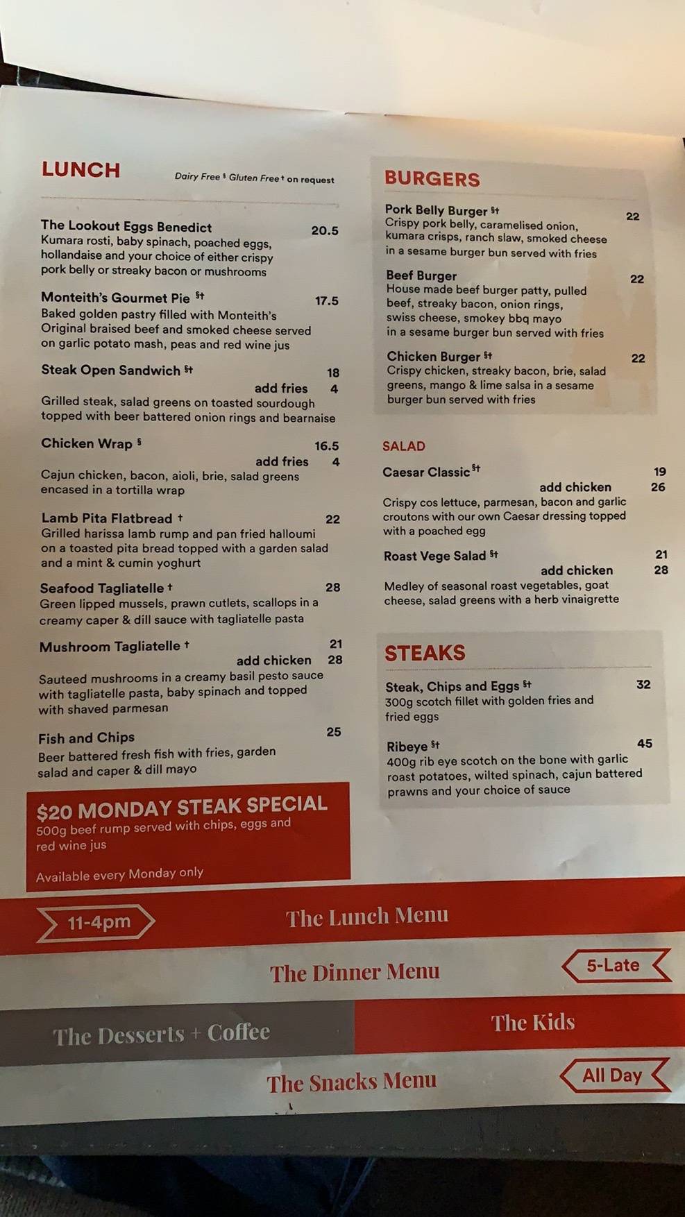 Menu at The Lookout Bar and Kitchen, Hamilton
