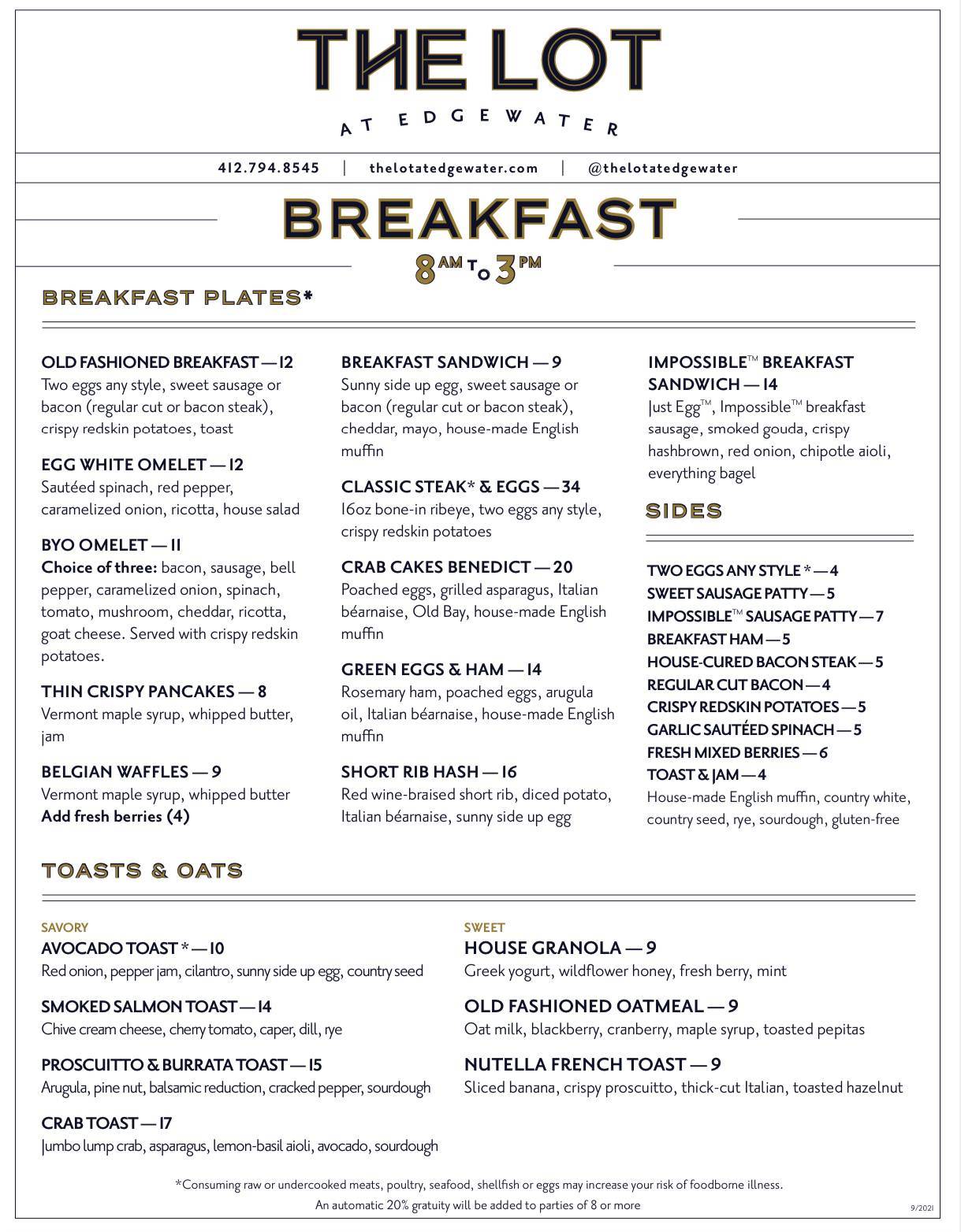 Menu at The Lot at Edgewater restaurant, Oakmont