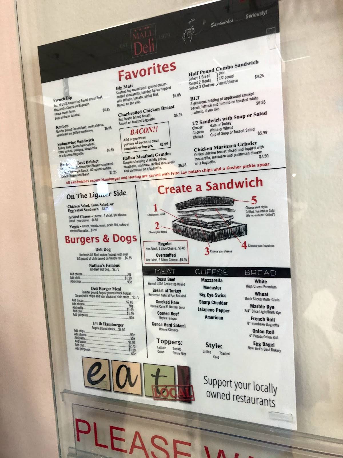 Menu at The Mall Deli restaurant, Pittsburg