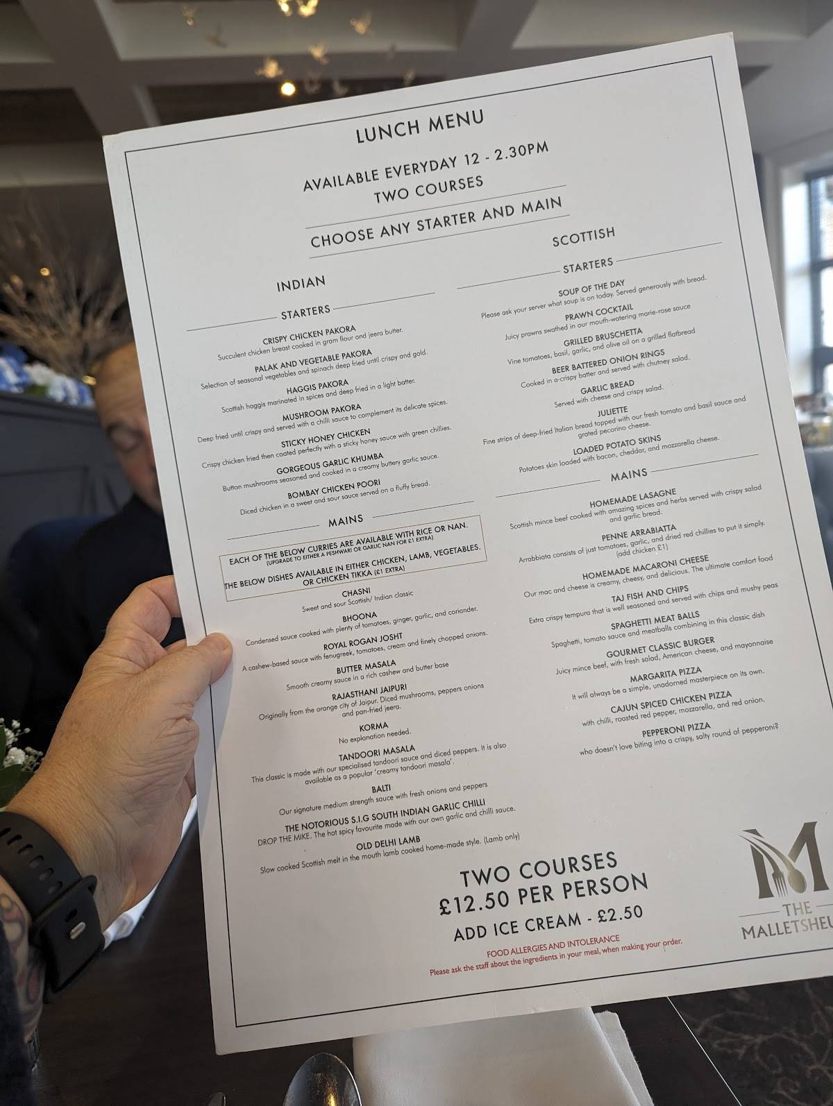 Menu at The Malletsheugh restaurant, Glasgow, 340 Ayr Rd