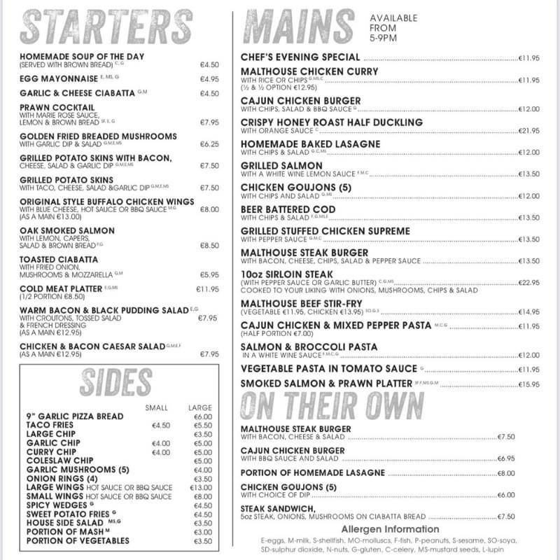 Menu at The Malt House pub & bar, Ireland, Mountbellew