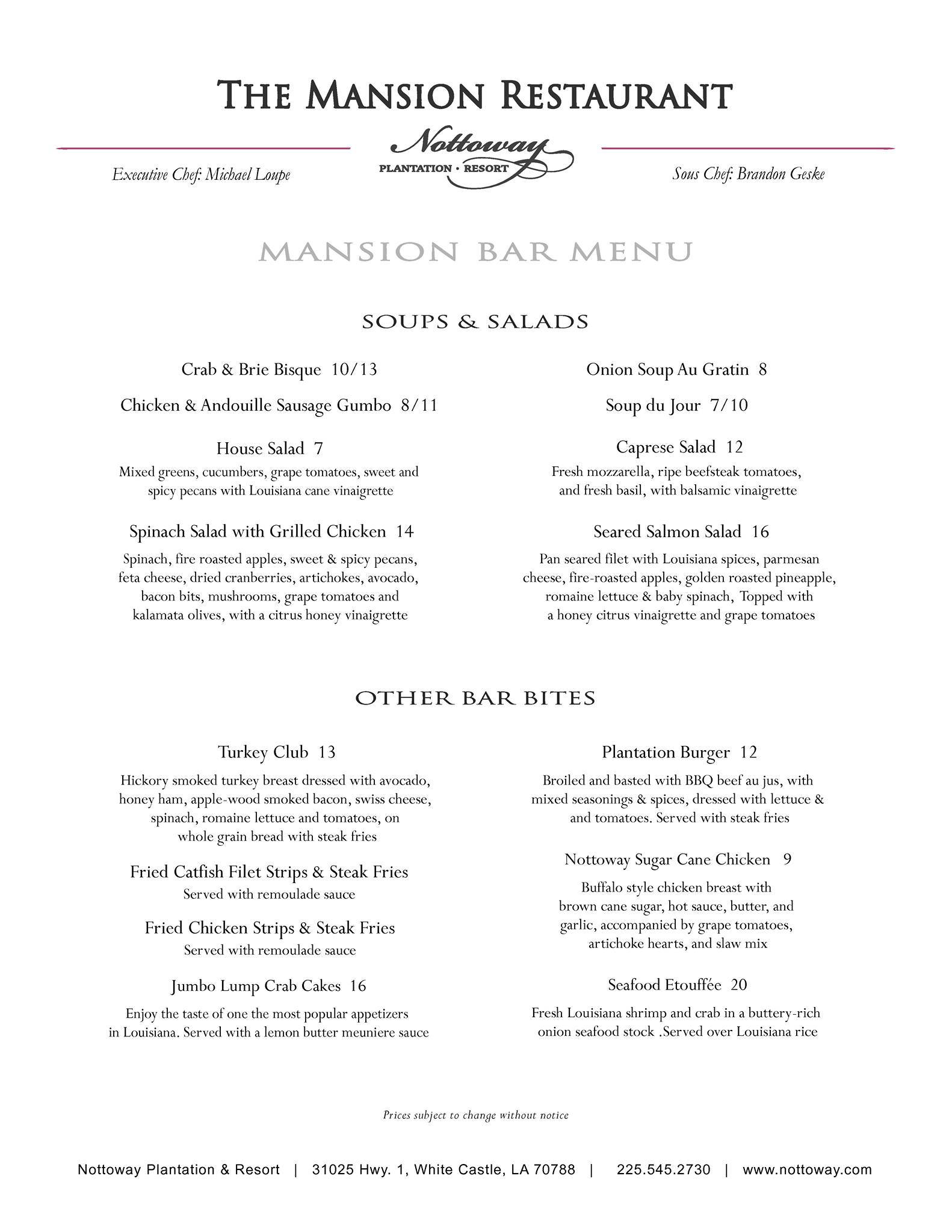 Menu at The Mansion Restaurant, White Castle, LA-1