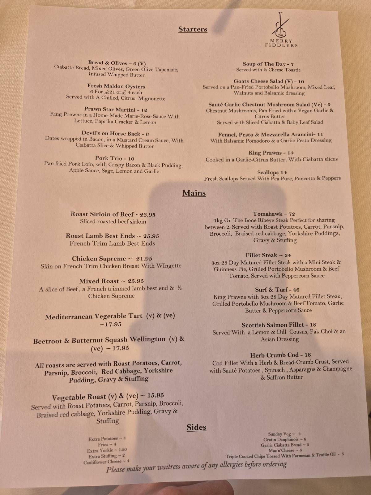 Menu at The Merry Fiddlers pub & bar, Epping, 4 Fiddlers Hamlet