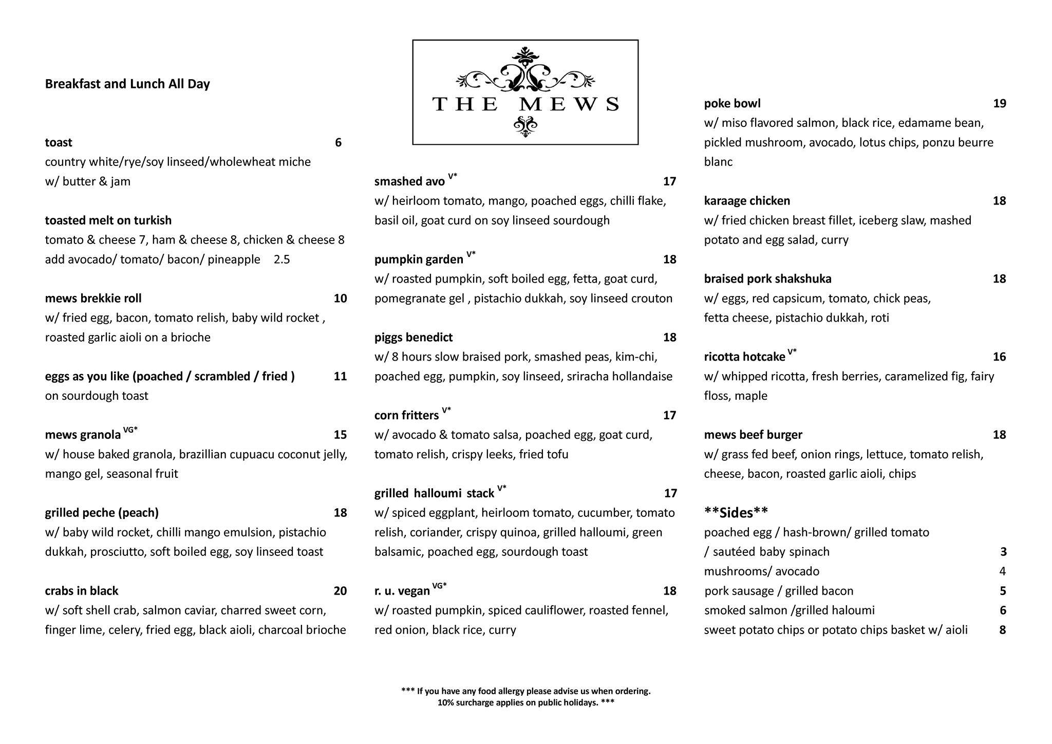 Menu at The Mews Mosman cafe, Mosman, Shop 4/3-5 Myahgah Rd
