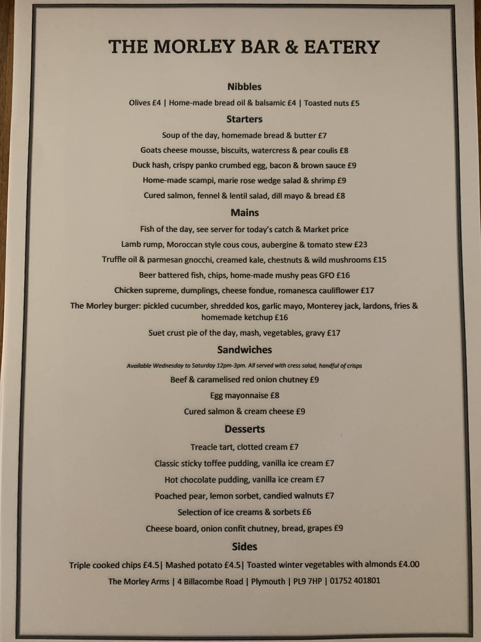 Menu at The Morley Bar & Eatery, Plymouth