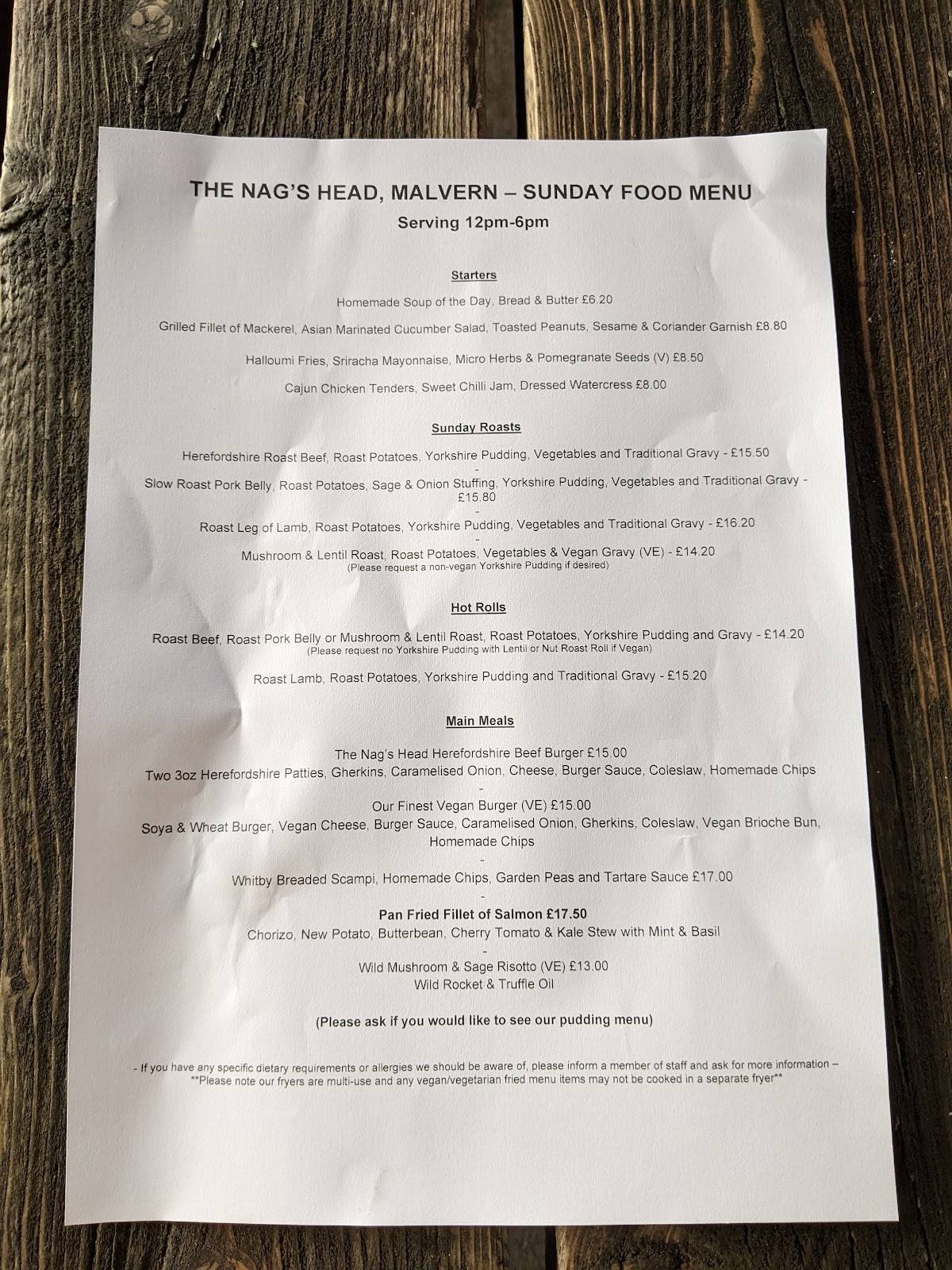 Menu at The Nag's Head pub & bar, Great Malvern, 19-21 Bank St