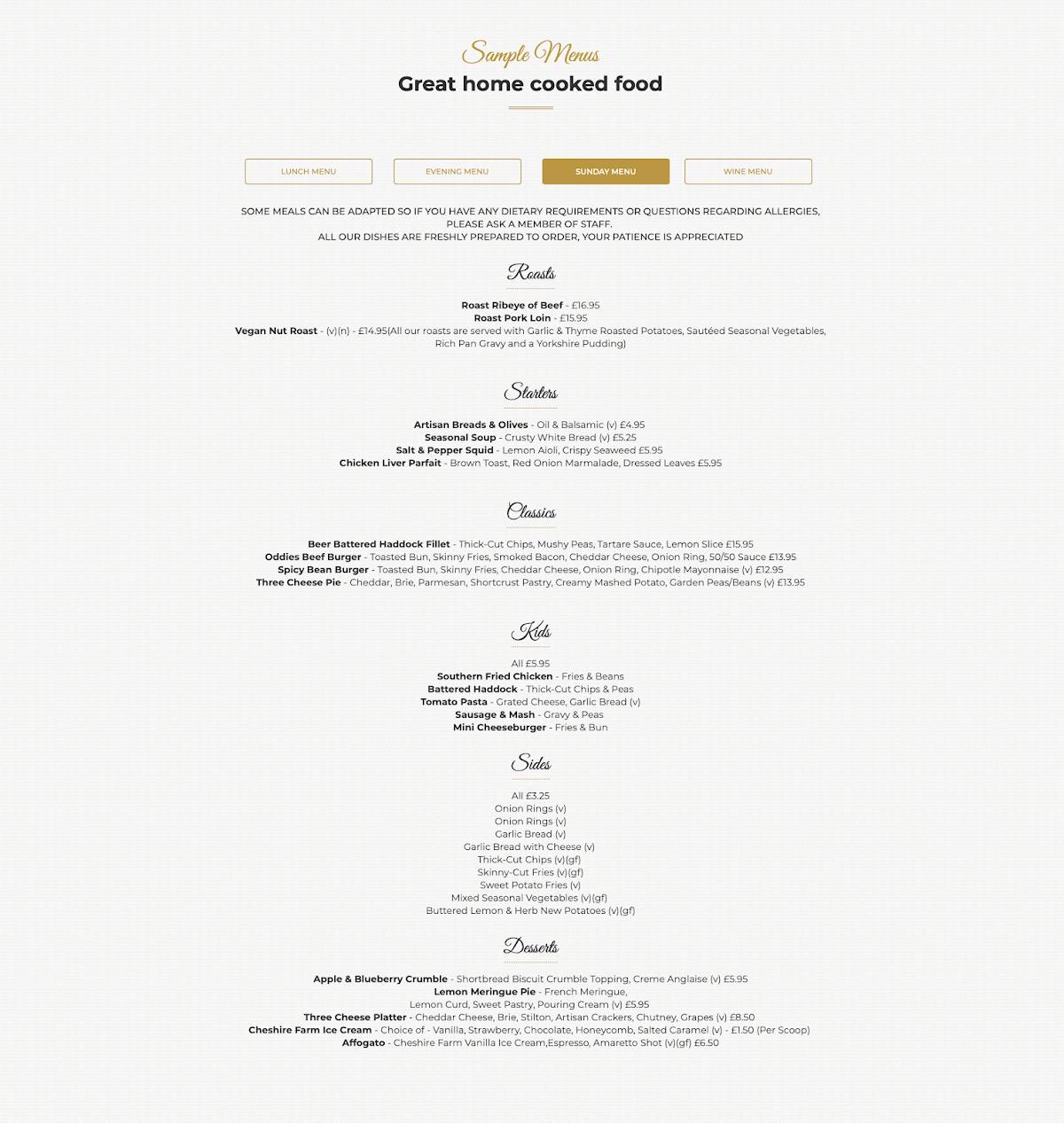 Menu at The Oddfellows Arms Mellor pub & bar, Mellor