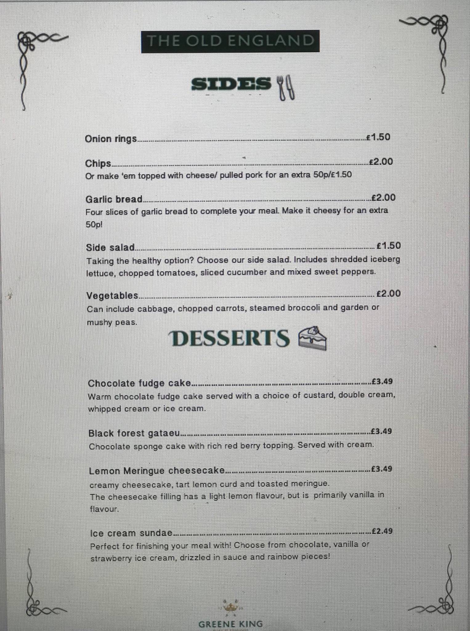Menu at The Old England pub & bar, Chester-le-Street