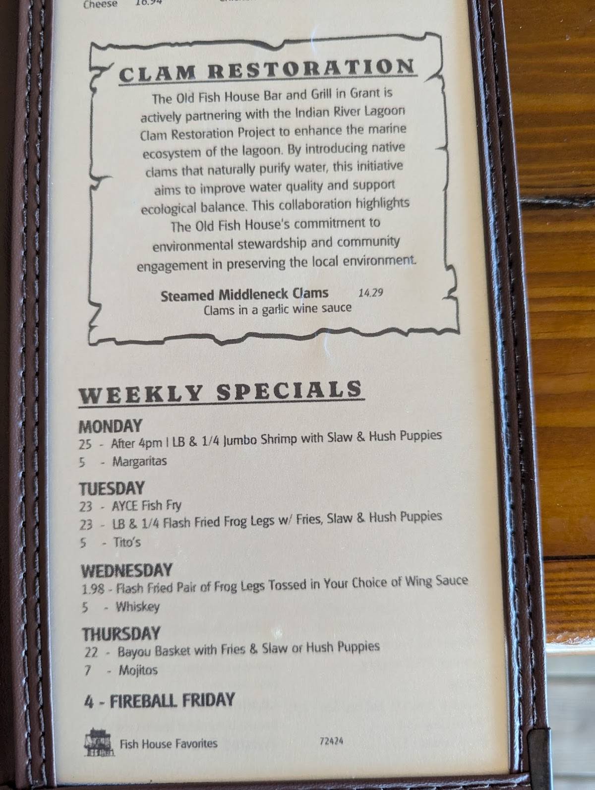 Menu at The Old Fish House Bar and Grill, Grant-Valkaria