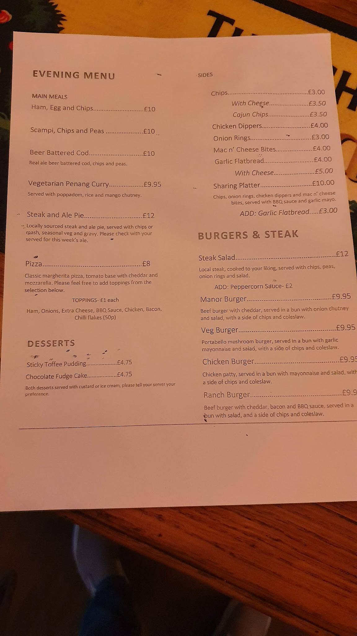 Menu at The Old Manor pub & bar, Paignton
