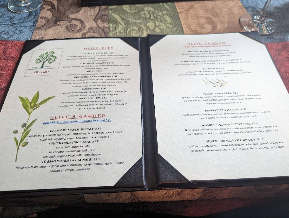 Menu at The Olive Tree restaurant, Sydney