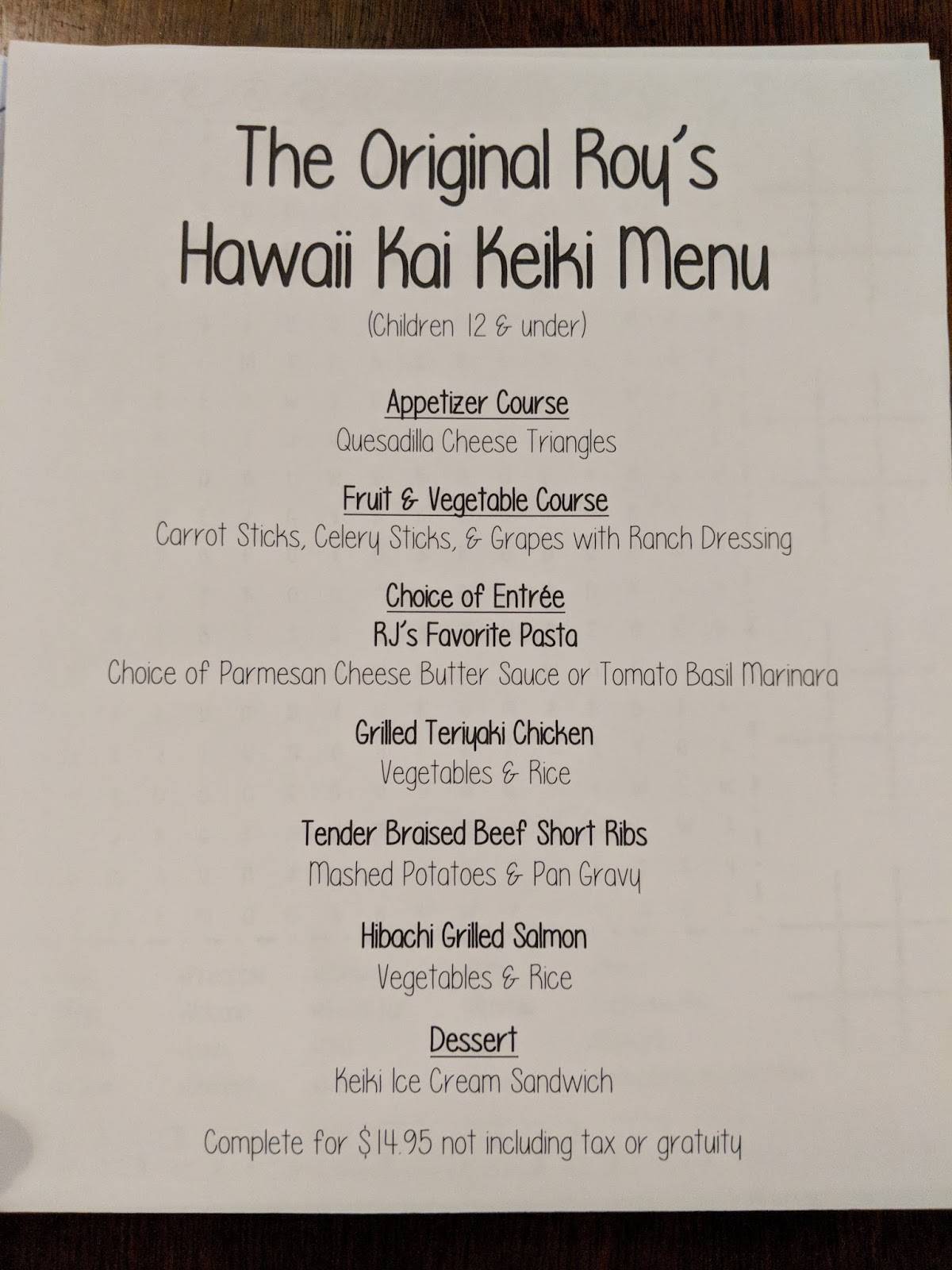 Menu at The Original Roy's in Hawaii Kai restaurant, Honolulu