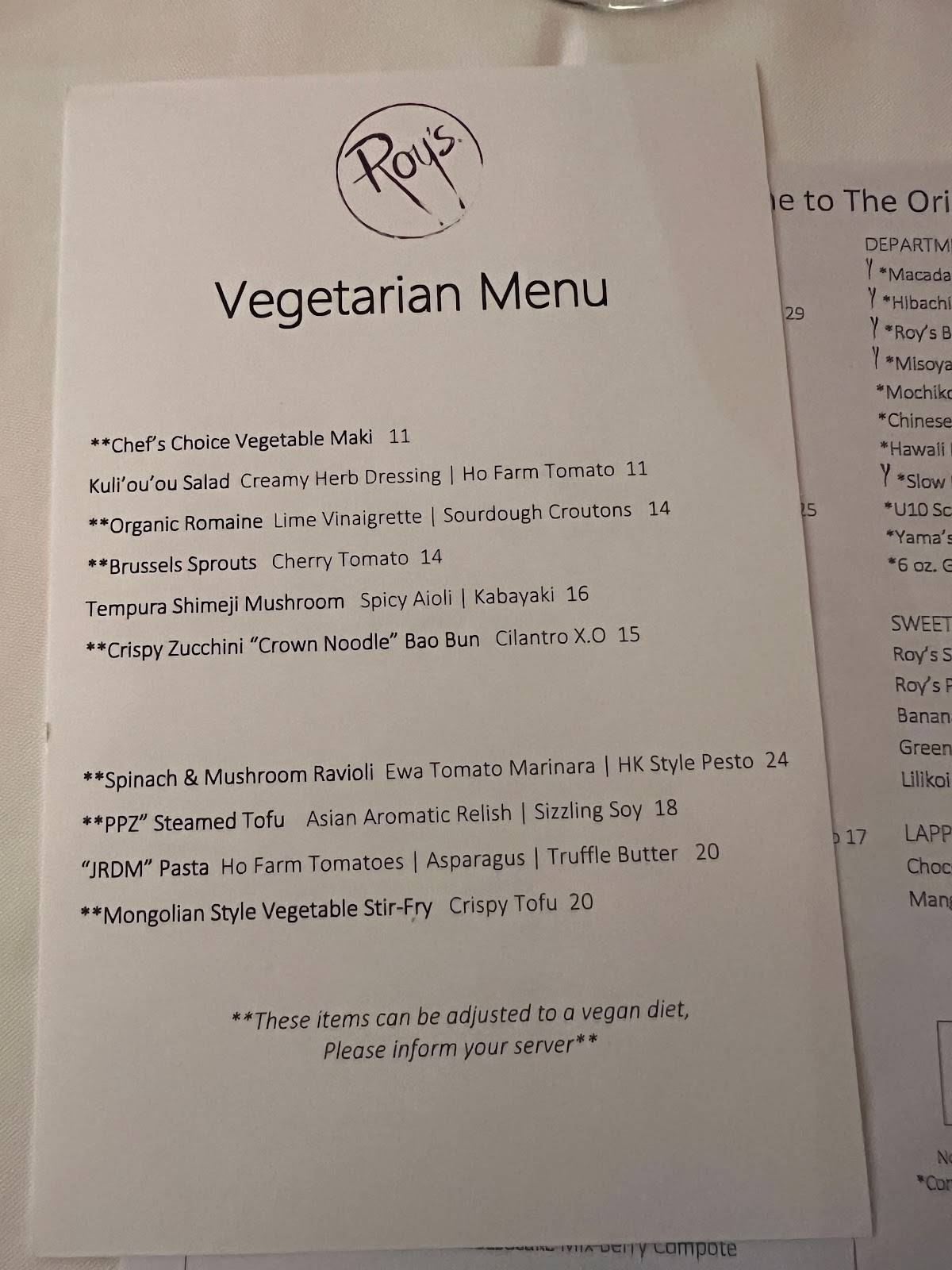Menu at The Original Roy's in Hawaii Kai restaurant, Honolulu