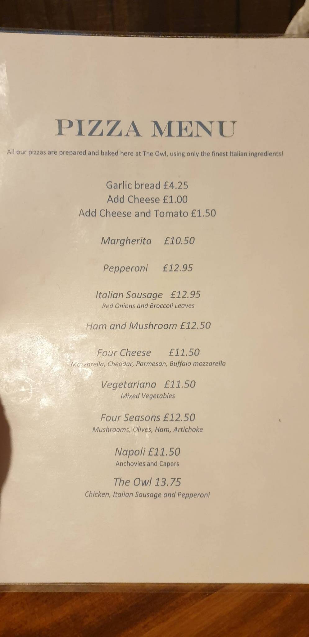 Menu at The Owl pub & bar, Loughton, Lippitts Hill