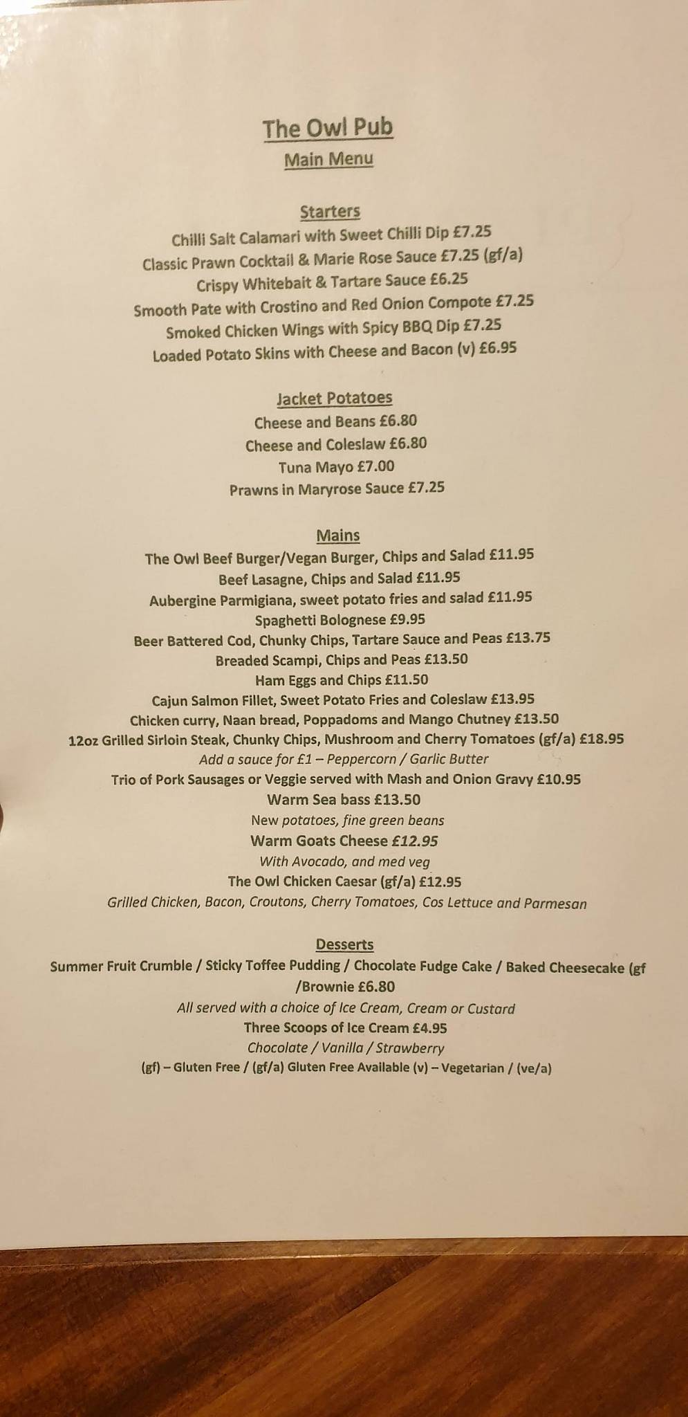 Menu at The Owl pub & bar, Loughton, Lippitts Hill