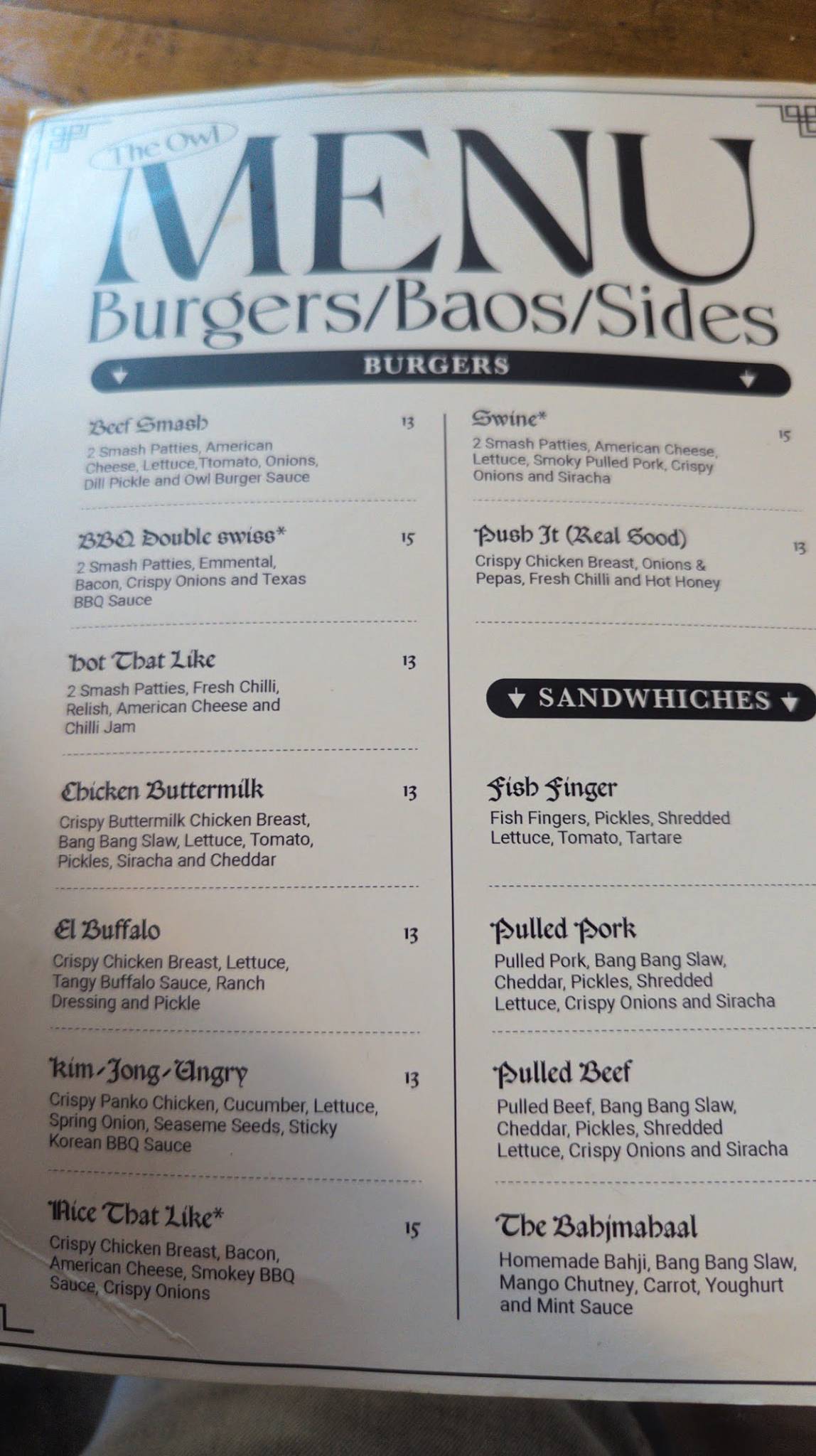 Menu at The Owl restaurant, Hartlepool