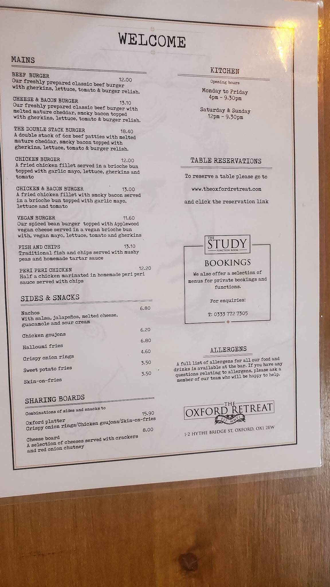 Menu at The Oxford Retreat pub & bar, Oxford