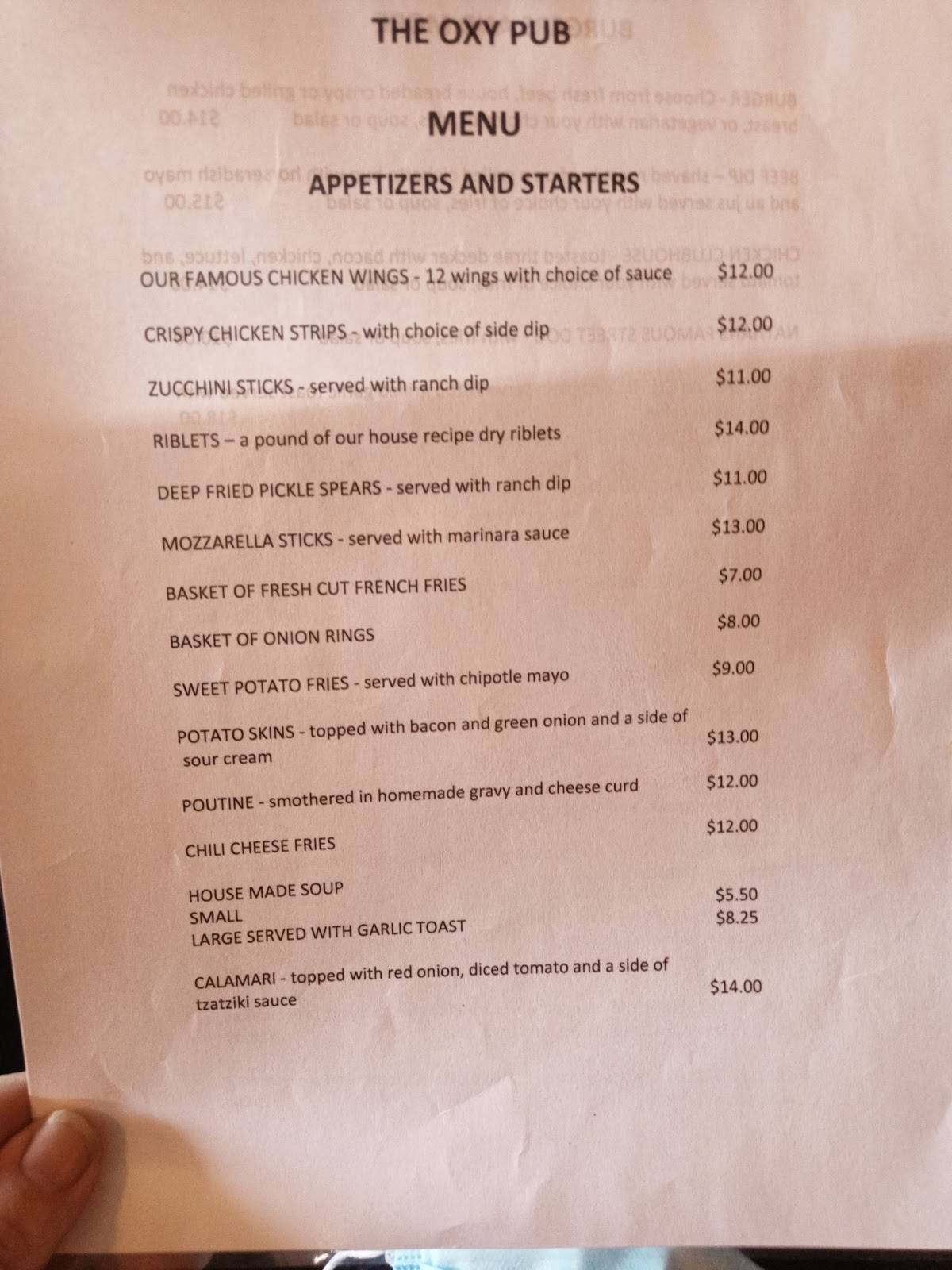 Menu at The Oxy Pub, Nanaimo