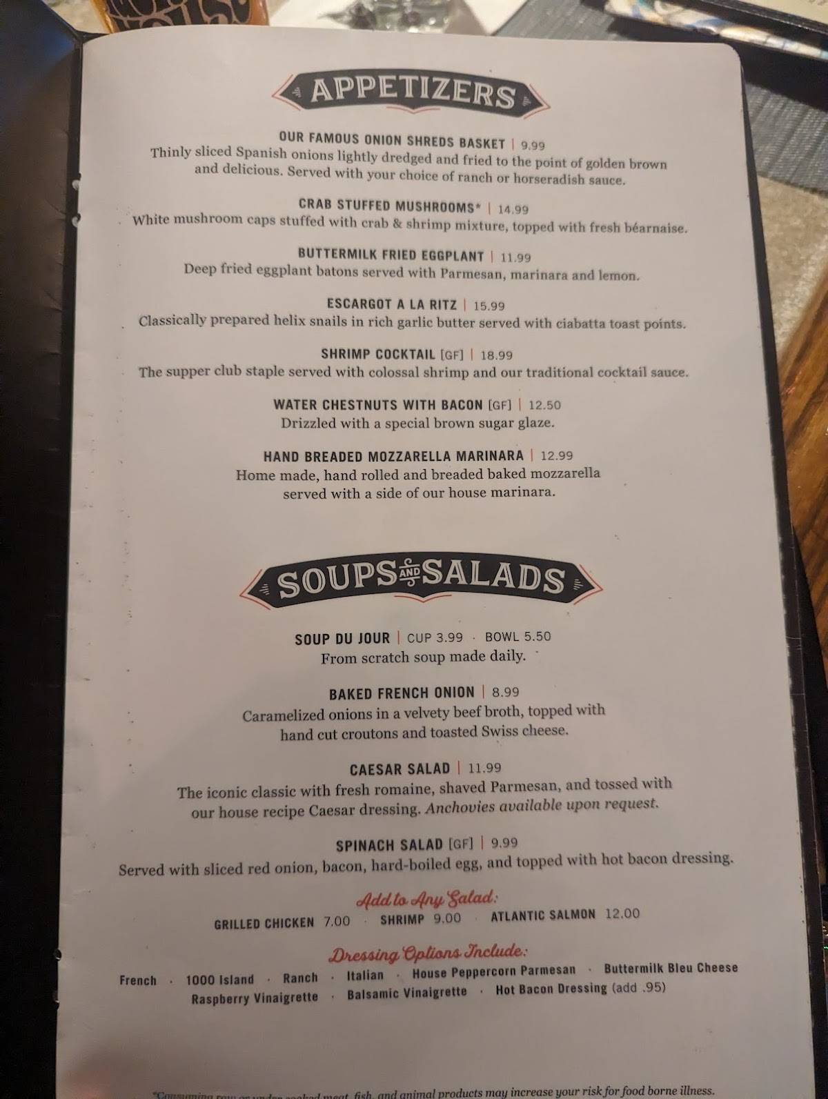 Menu at The Packing House steakhouse, Milwaukee
