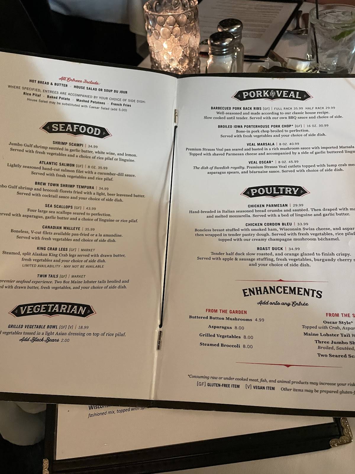 Menu at The Packing House steakhouse, Milwaukee