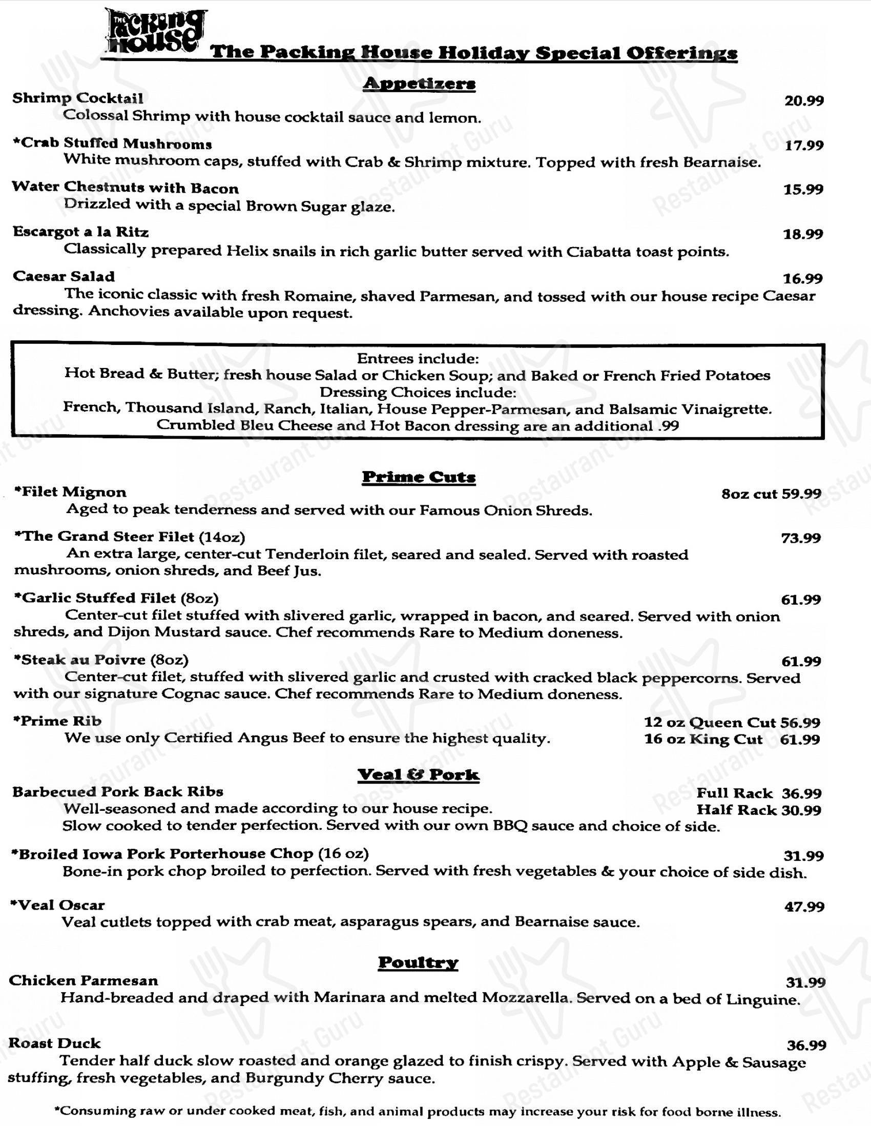Menu at The Packing House steakhouse, Milwaukee