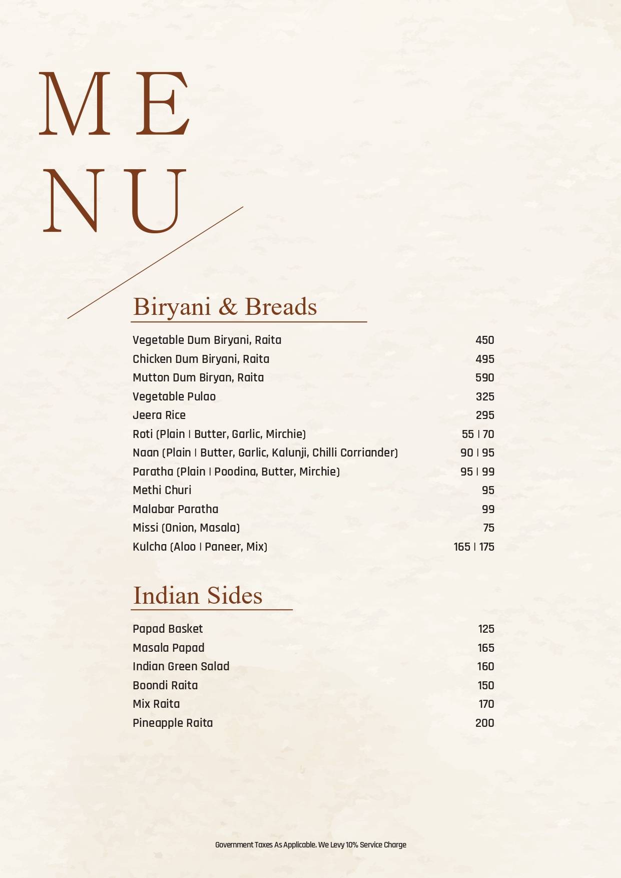Menu at Palm Burj, Agra
