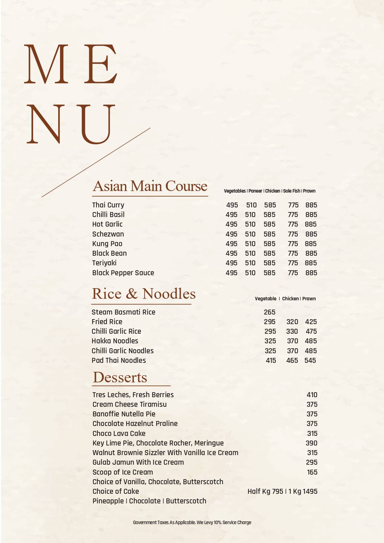 Menu at Palm Burj, Agra