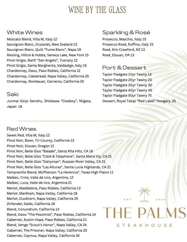 Menu at The Palms Steakhouse, Midland