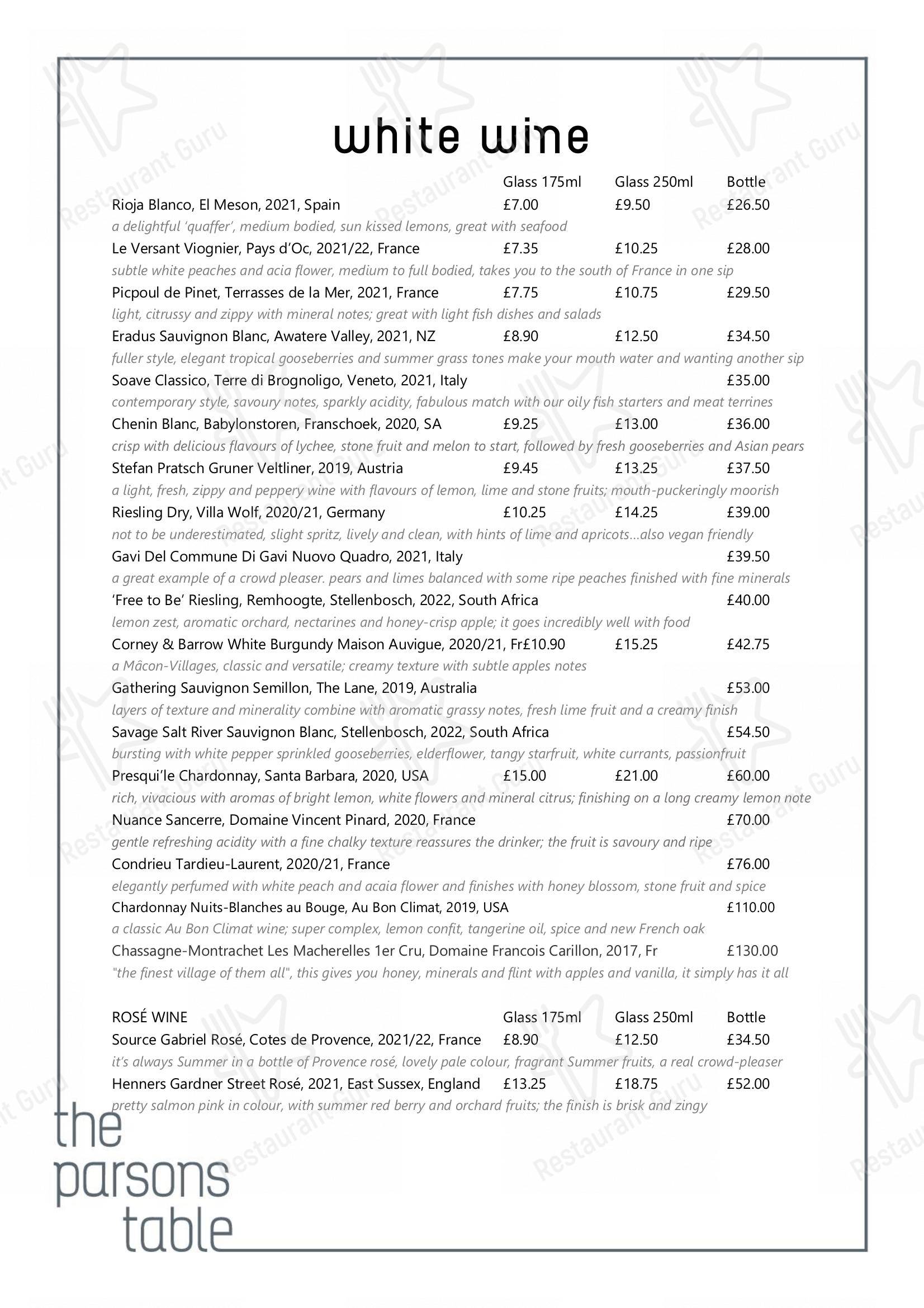 Menu at The Parsons Table restaurant, Arundel
