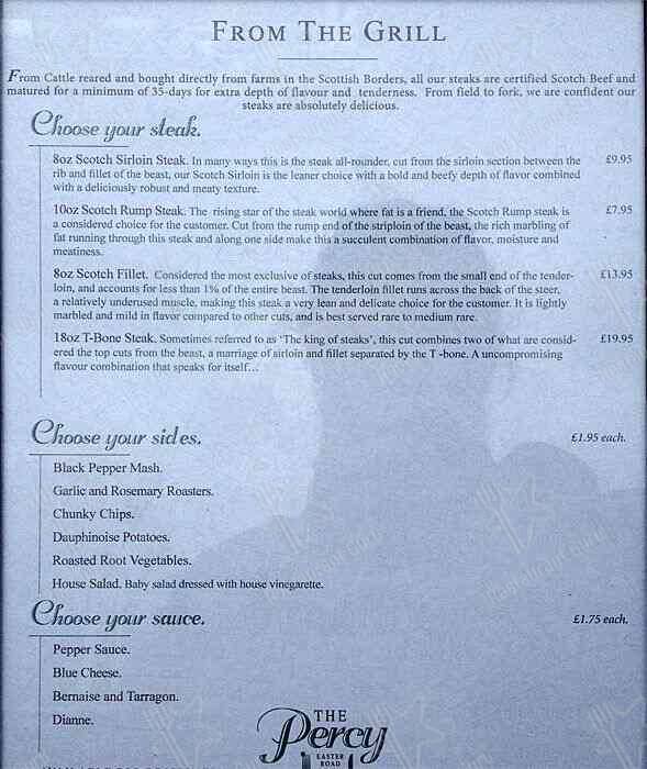 Menu at The Percy restaurant, Edinburgh