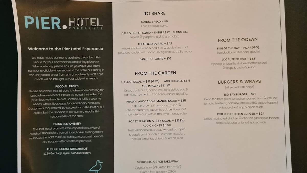 Menu at The Pier Hotel pub & bar, Esperance, 47 The Esplanade