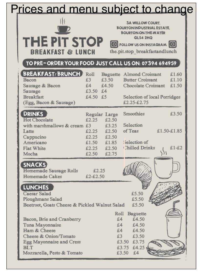 Menu at The Pit Stop Breakfast & Lunch, Bourton-on-the-Water