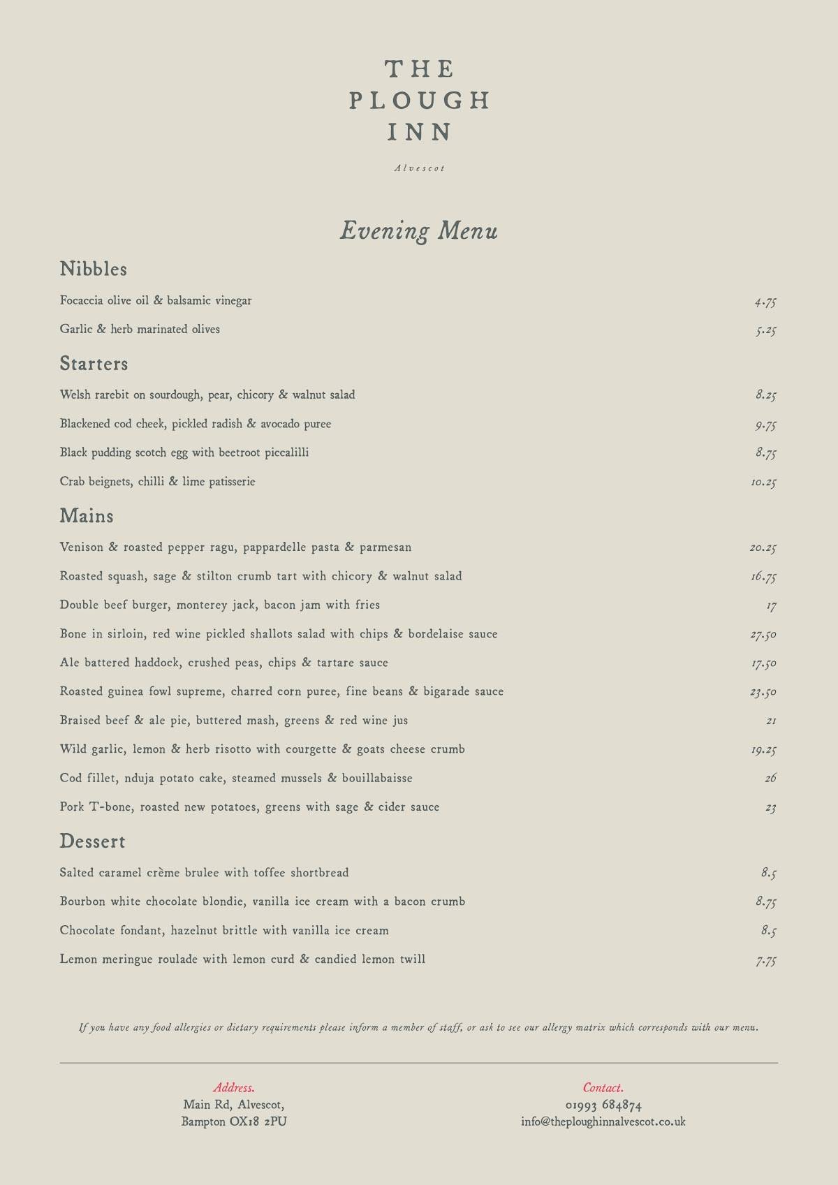 Menu at The Plough Inn pub & bar, Clanfield, Main Rd