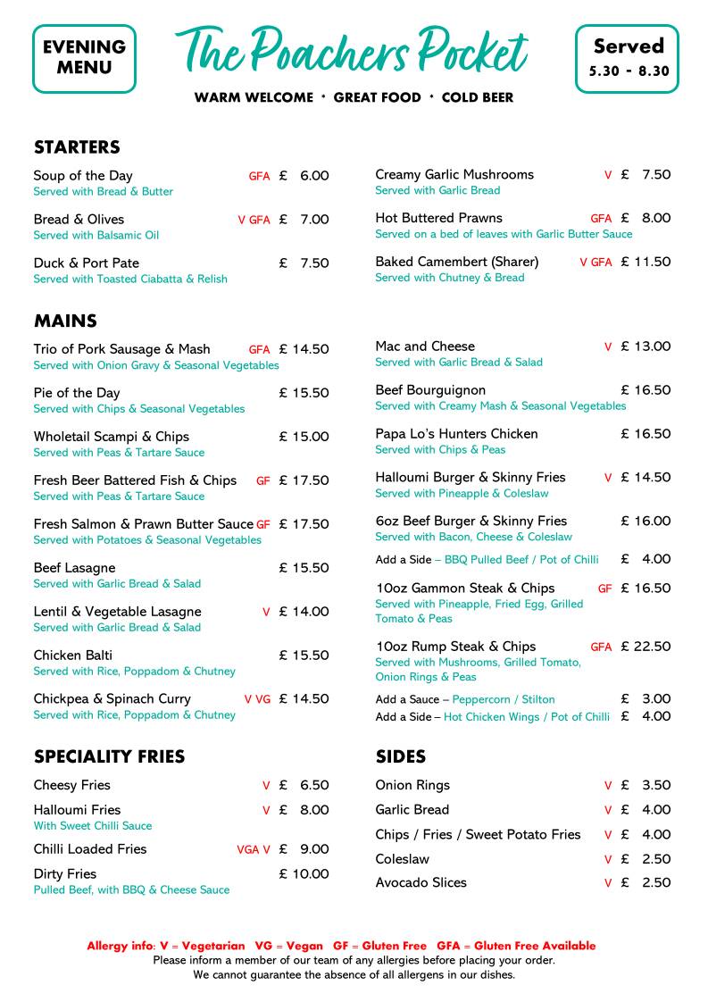 Menu at The Poachers Pocket pub & bar, Shepton Mallet, Chelynch Rd