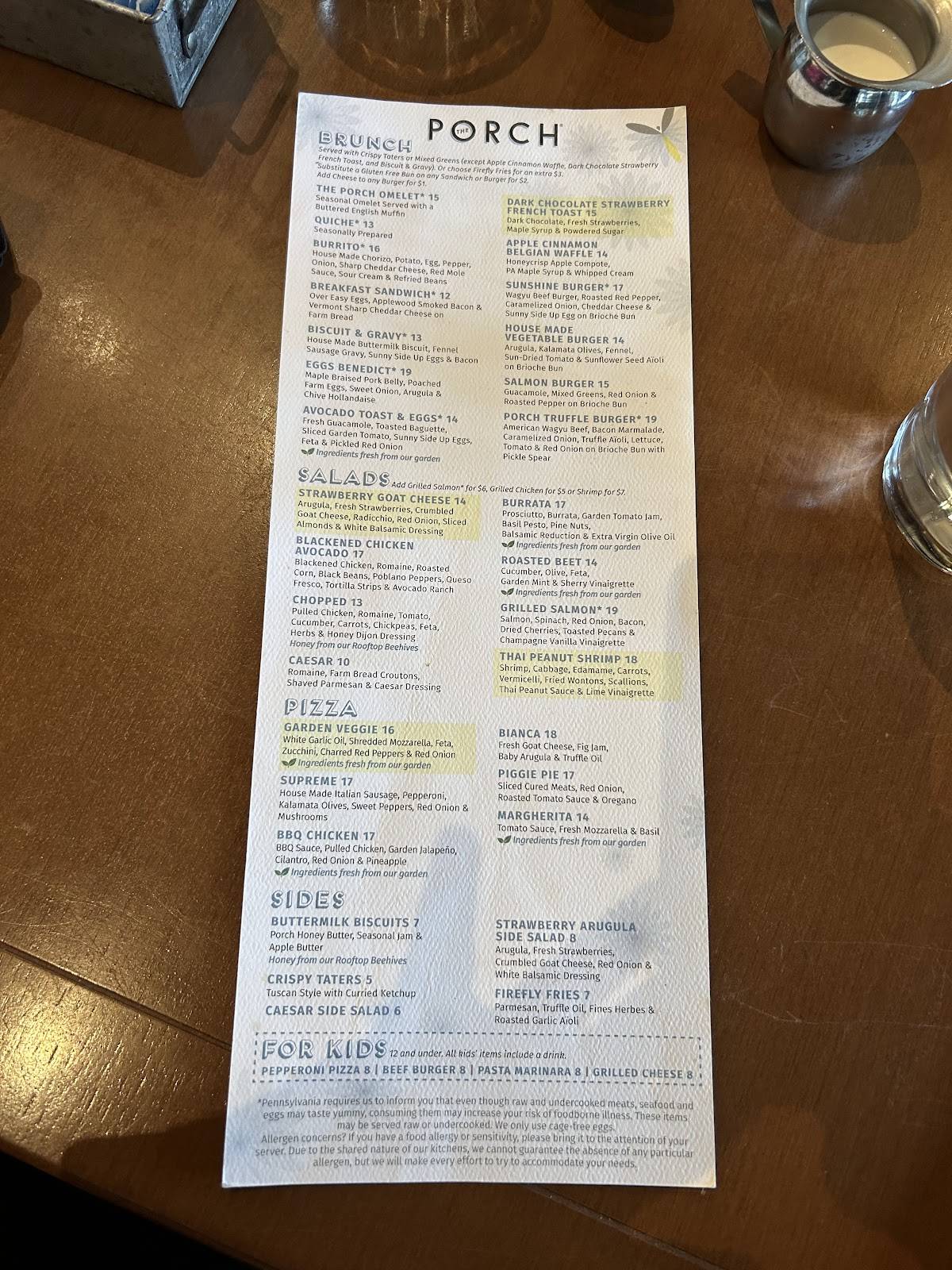 Menu at The Porch restaurant, Pittsburgh, 221 Schenley Drive