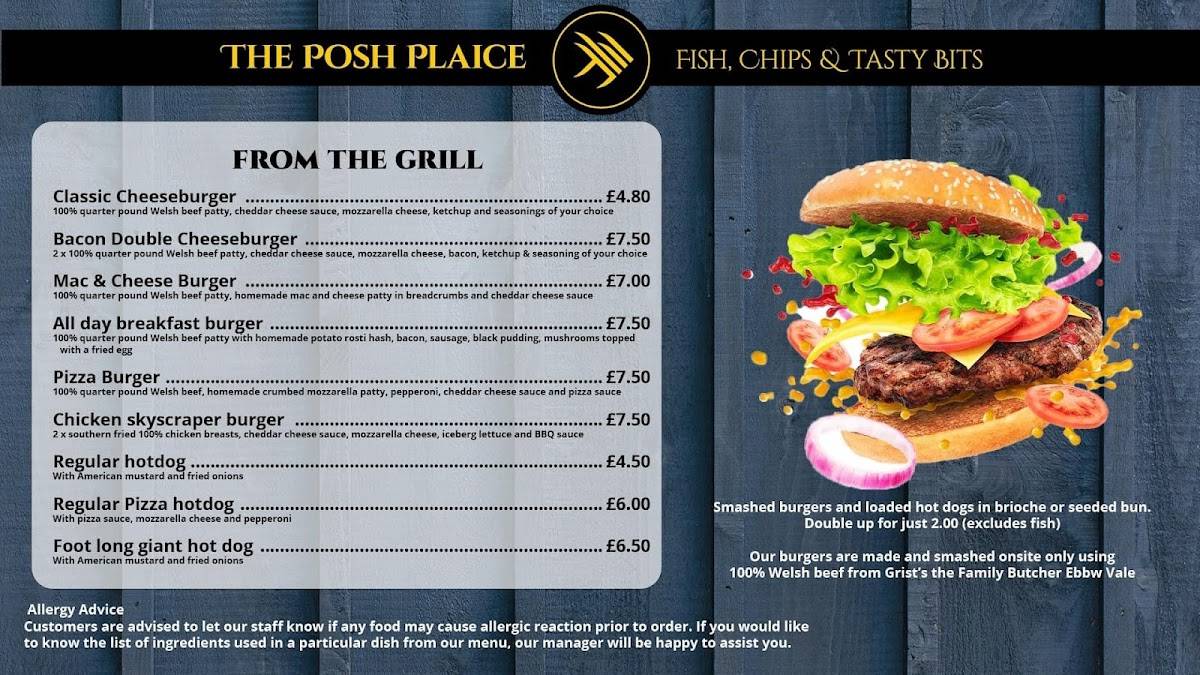 Menu at The Posh Plaice restaurant, Ebbw Vale