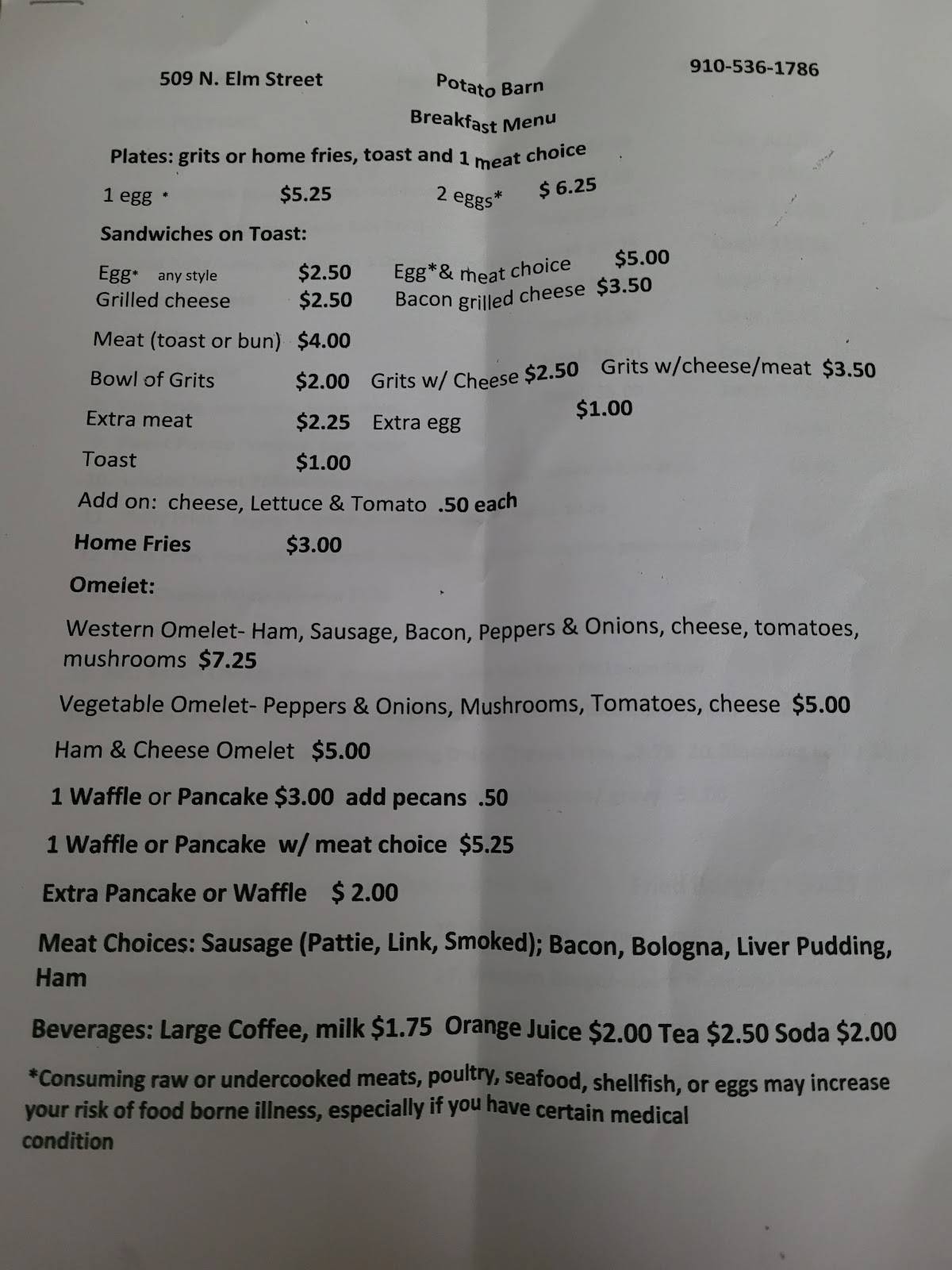 Menu at The Potato Barn, Lumberton