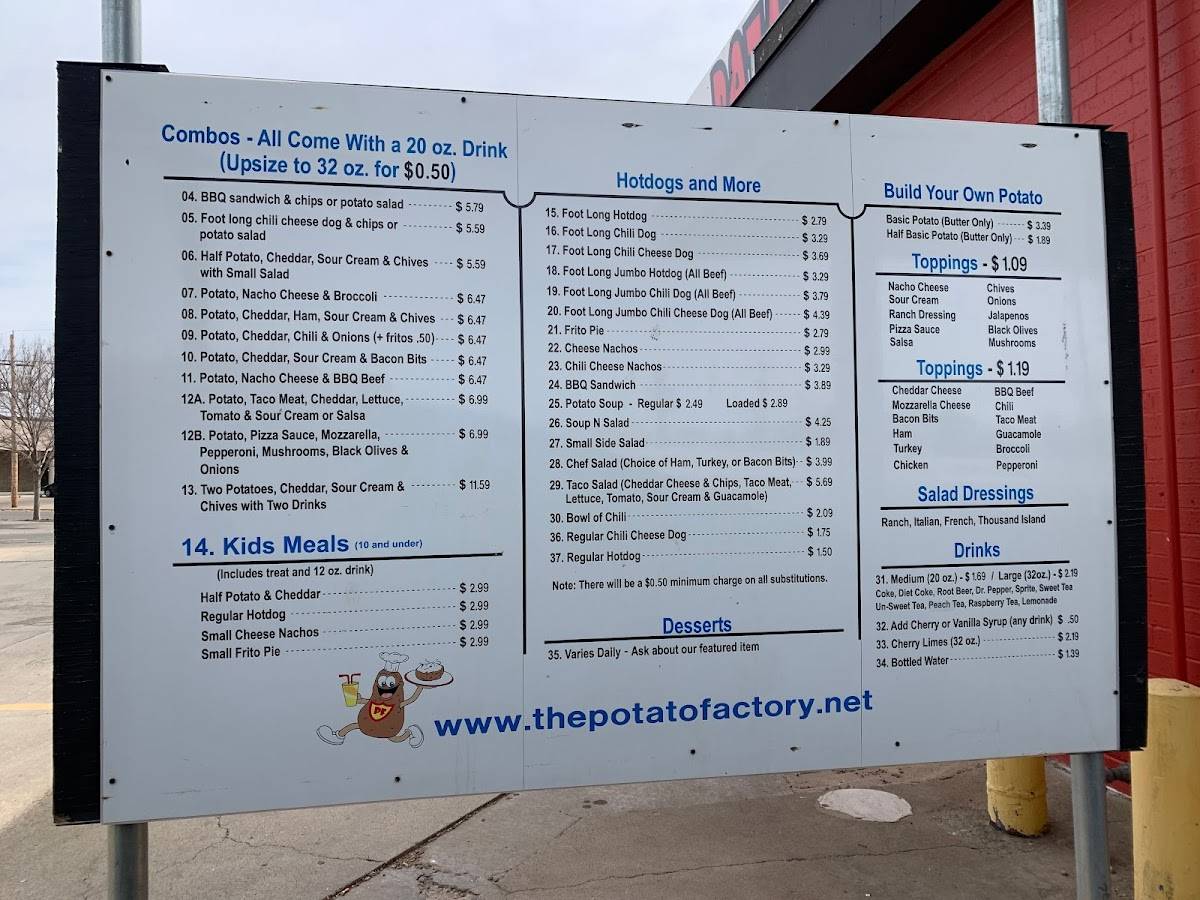 Menu at The Potato Factory fast food, Amarillo, S Western St