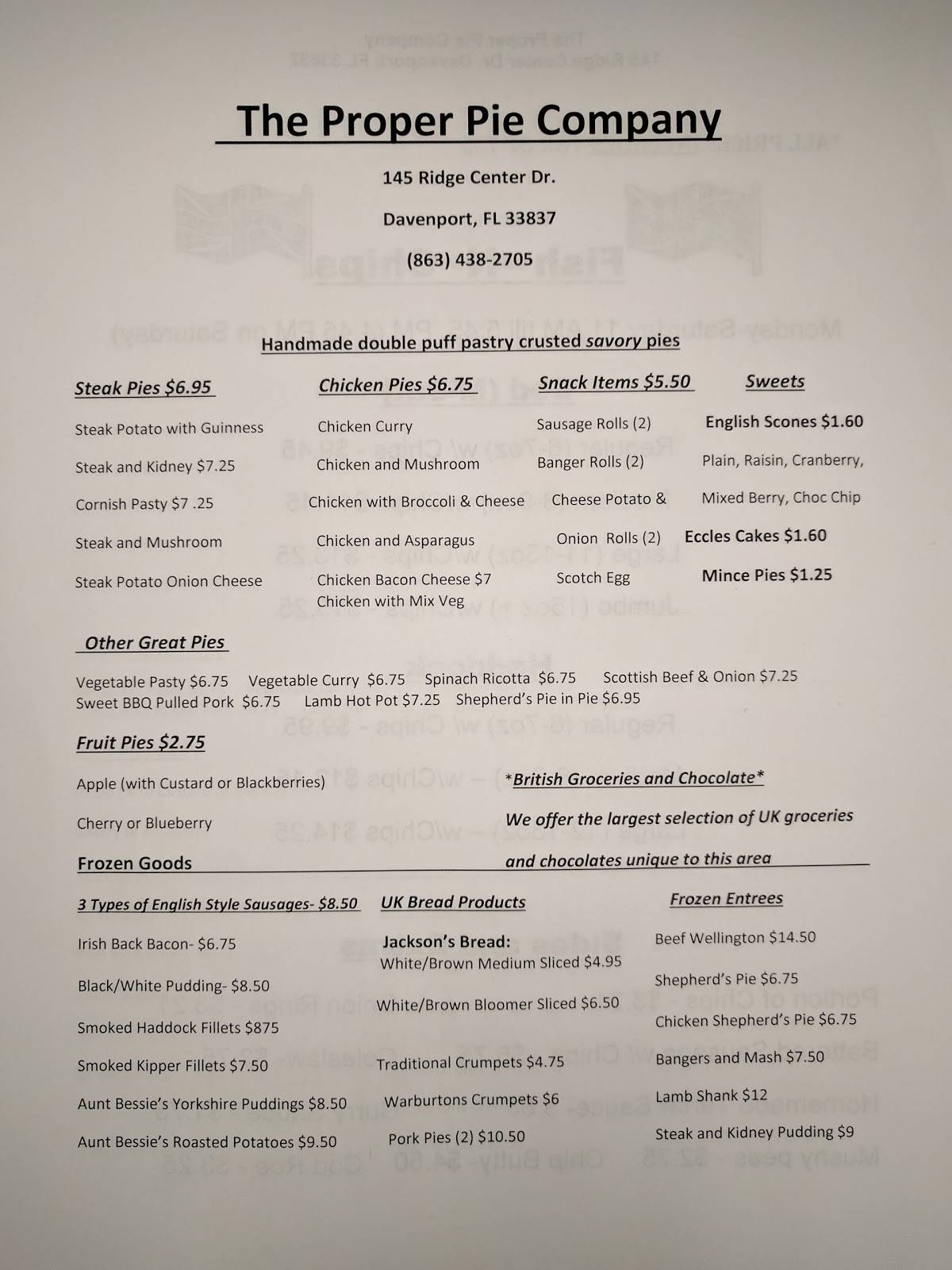 Menu at The Proper Pie Company restaurant, Haines City, 511 Hwy 17 92 W