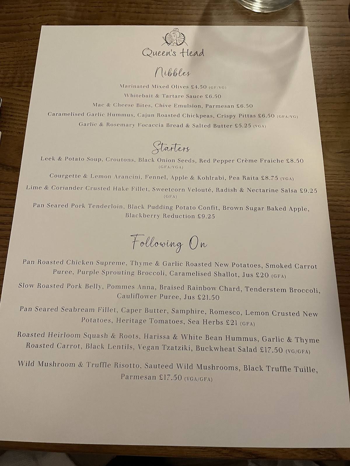Menu at The Queens Head restaurant, Wymondham