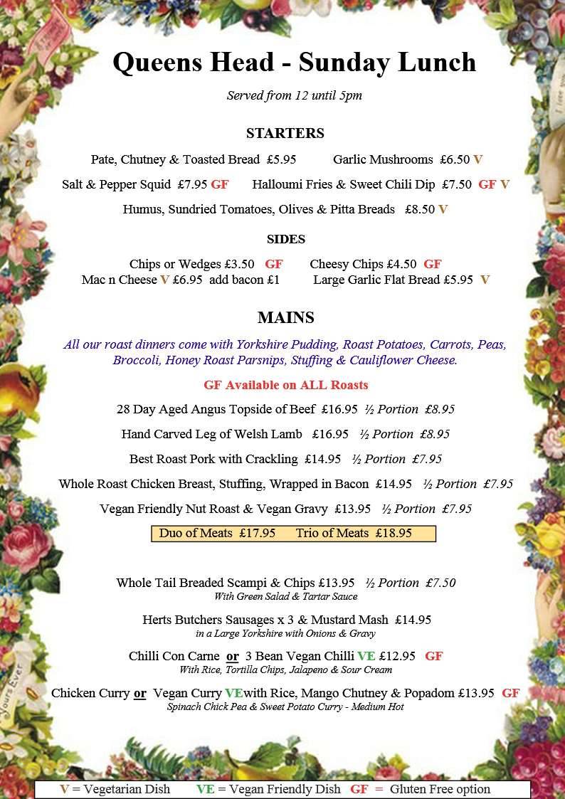Menu at The Queen's Head pub & bar, St Albans, 7 Church End