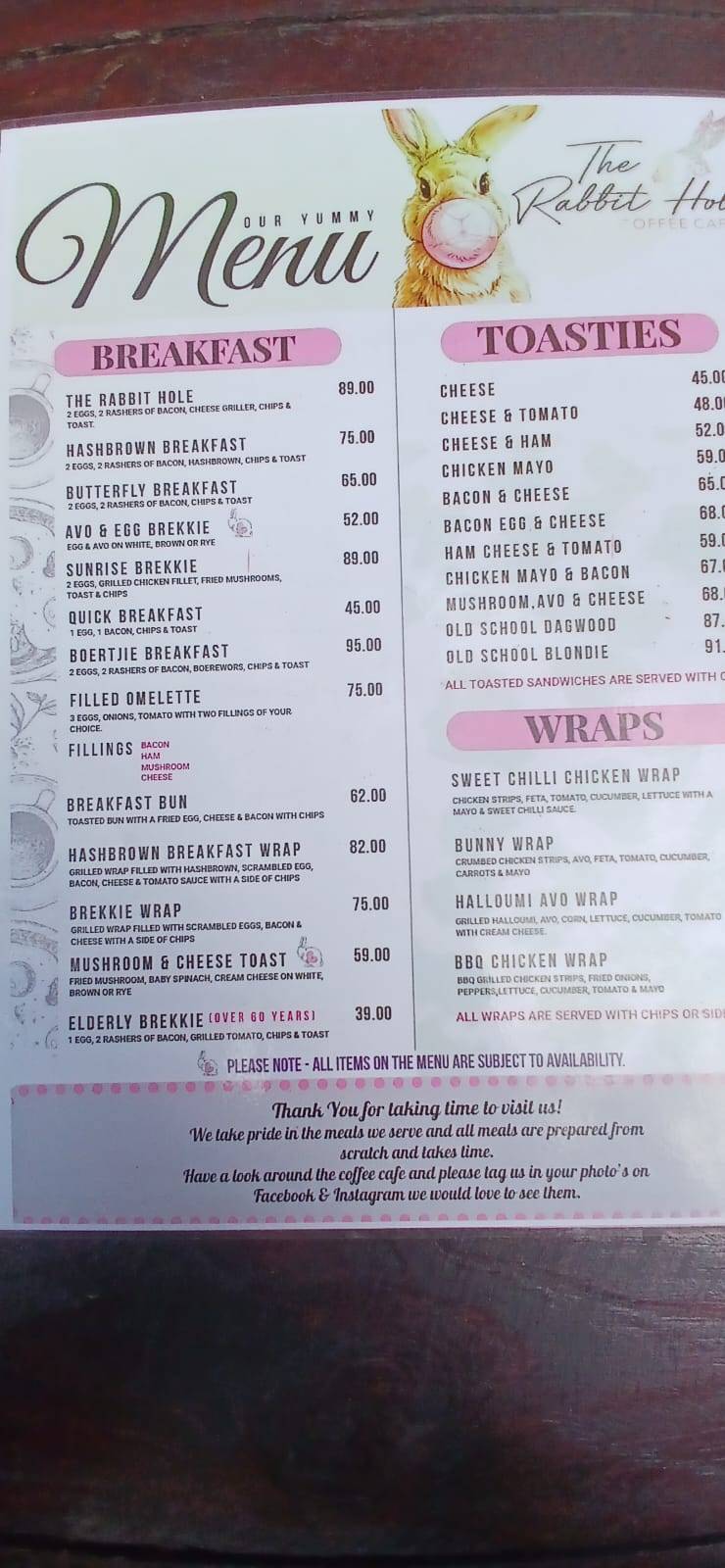 Menu at The Rabbit Hole Coffee Cafe, Boksburg