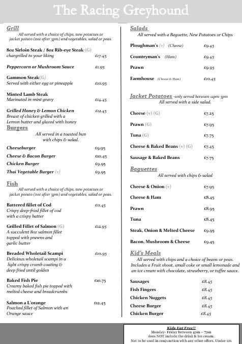 Menu at The Racing Greyhound pub & bar, Ramsgate