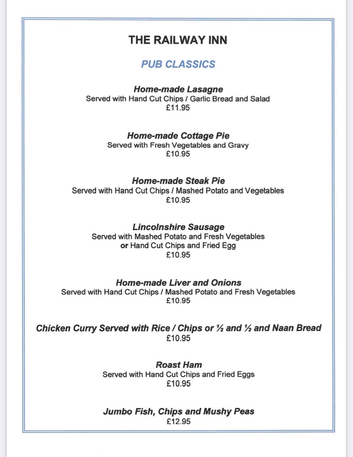 Menu at The Railway Inn pub & bar, Lincoln, Station Rd