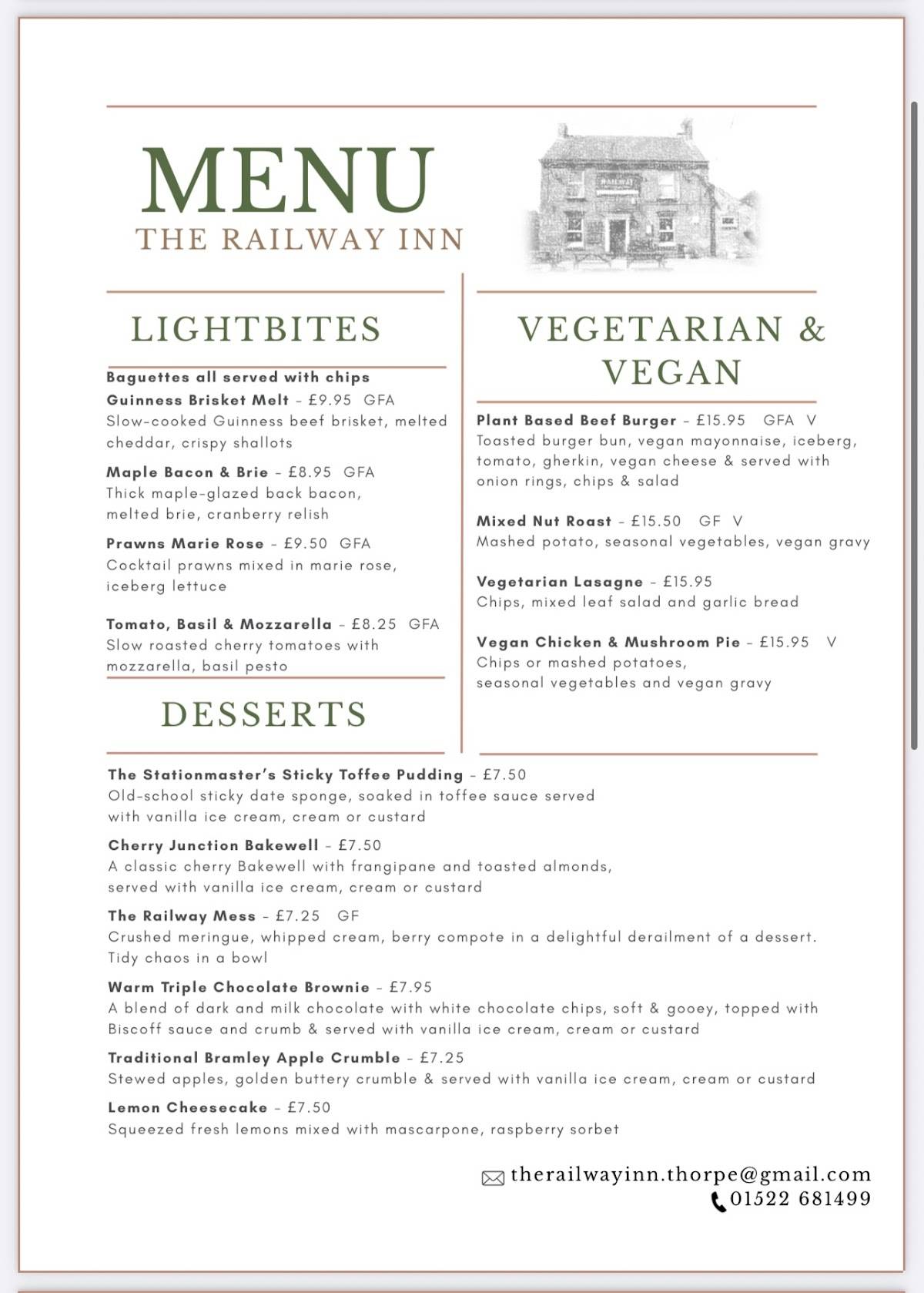Menu at The Railway Inn pub & bar, Lincoln, Station Rd