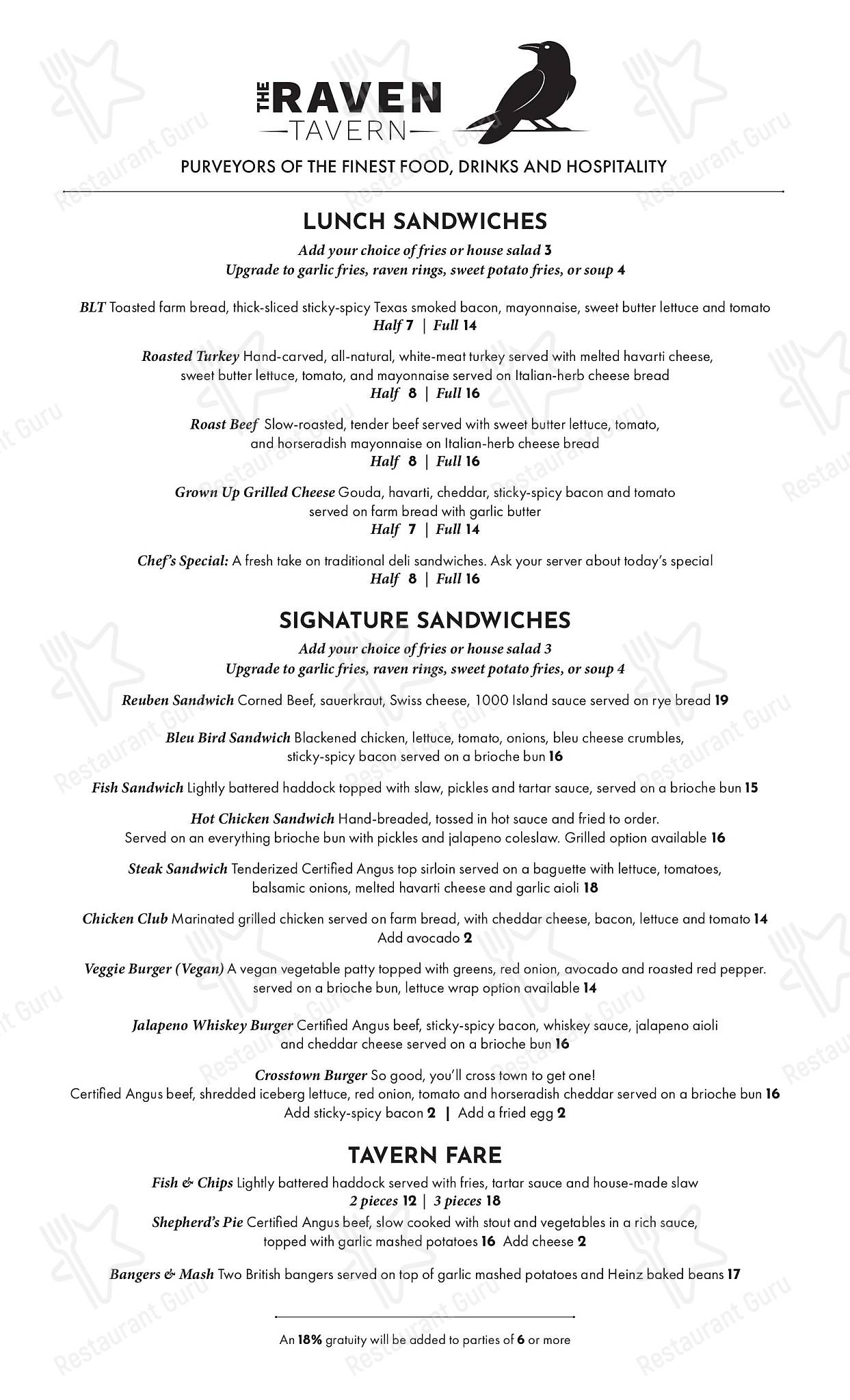 Menu at The Raven Tavern pub & bar, Oxnard