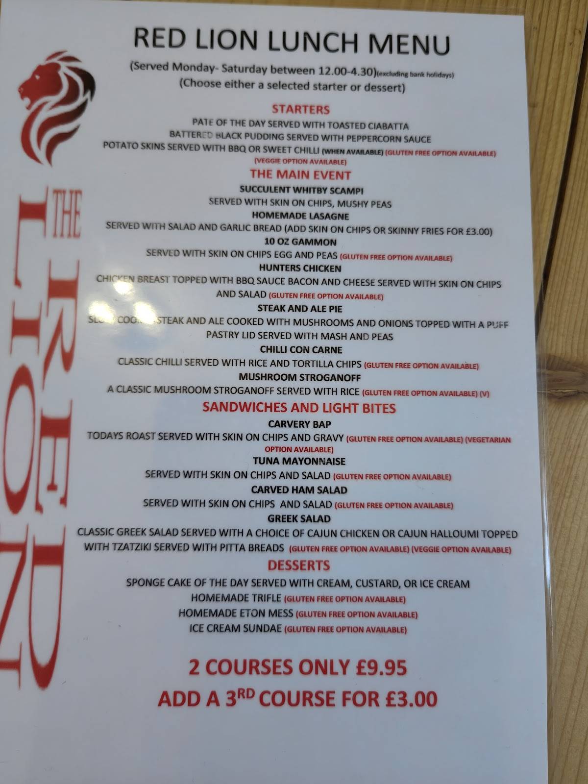 Menu at The Red Lion pub & bar, Whitley Bay