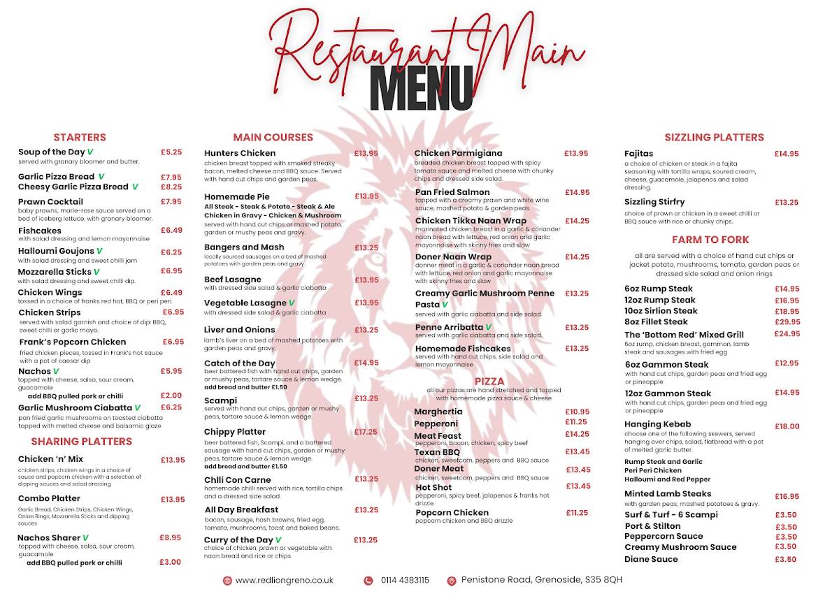 Menu at The Red Lion pub & bar, Sheffield, 95 Penistone Rd