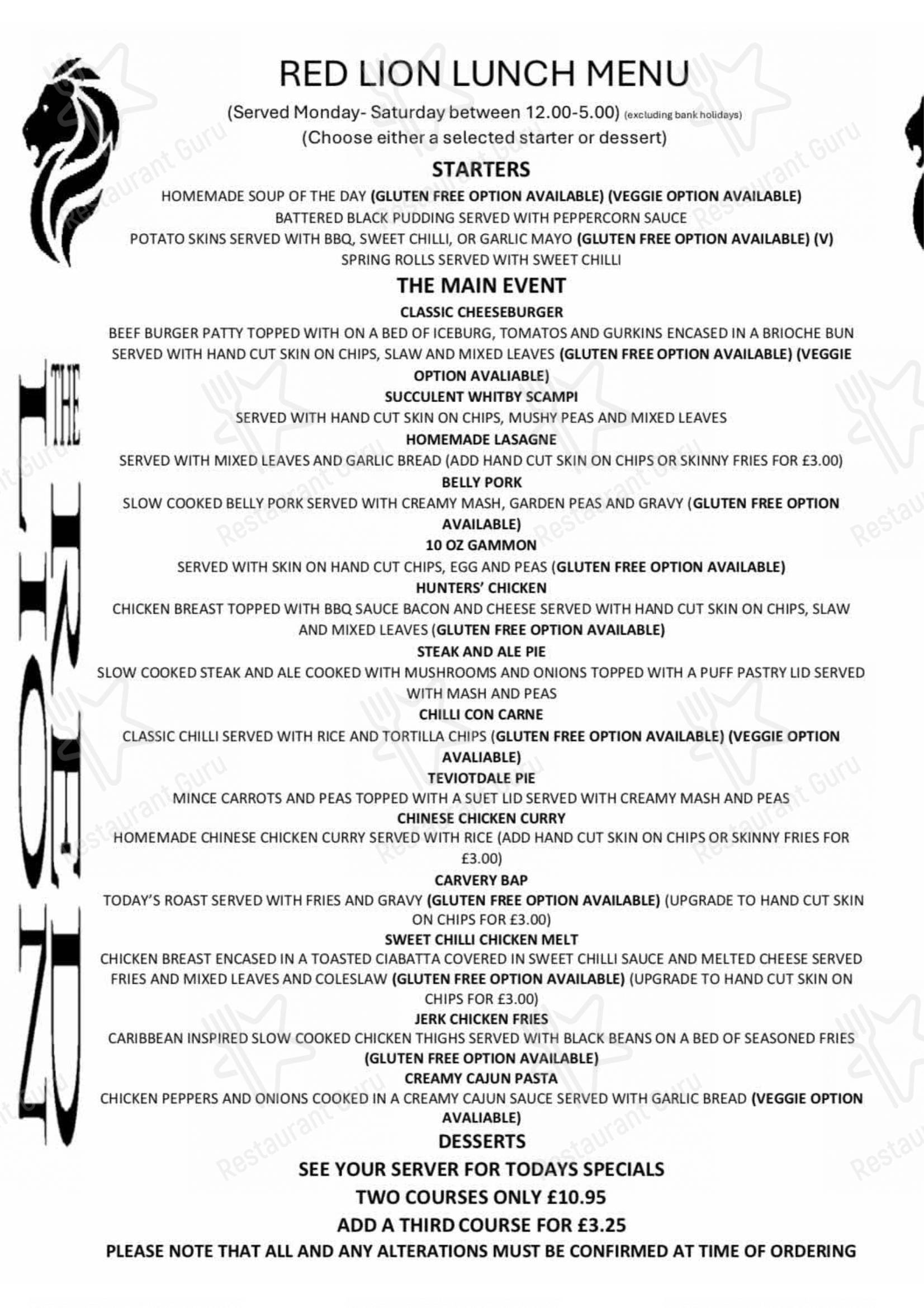 Menu at The Red Lion pub & bar, Whitley Bay