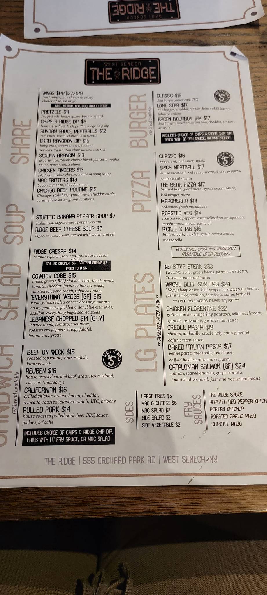 Menu at The Ridge West Seneca restaurant, West Seneca